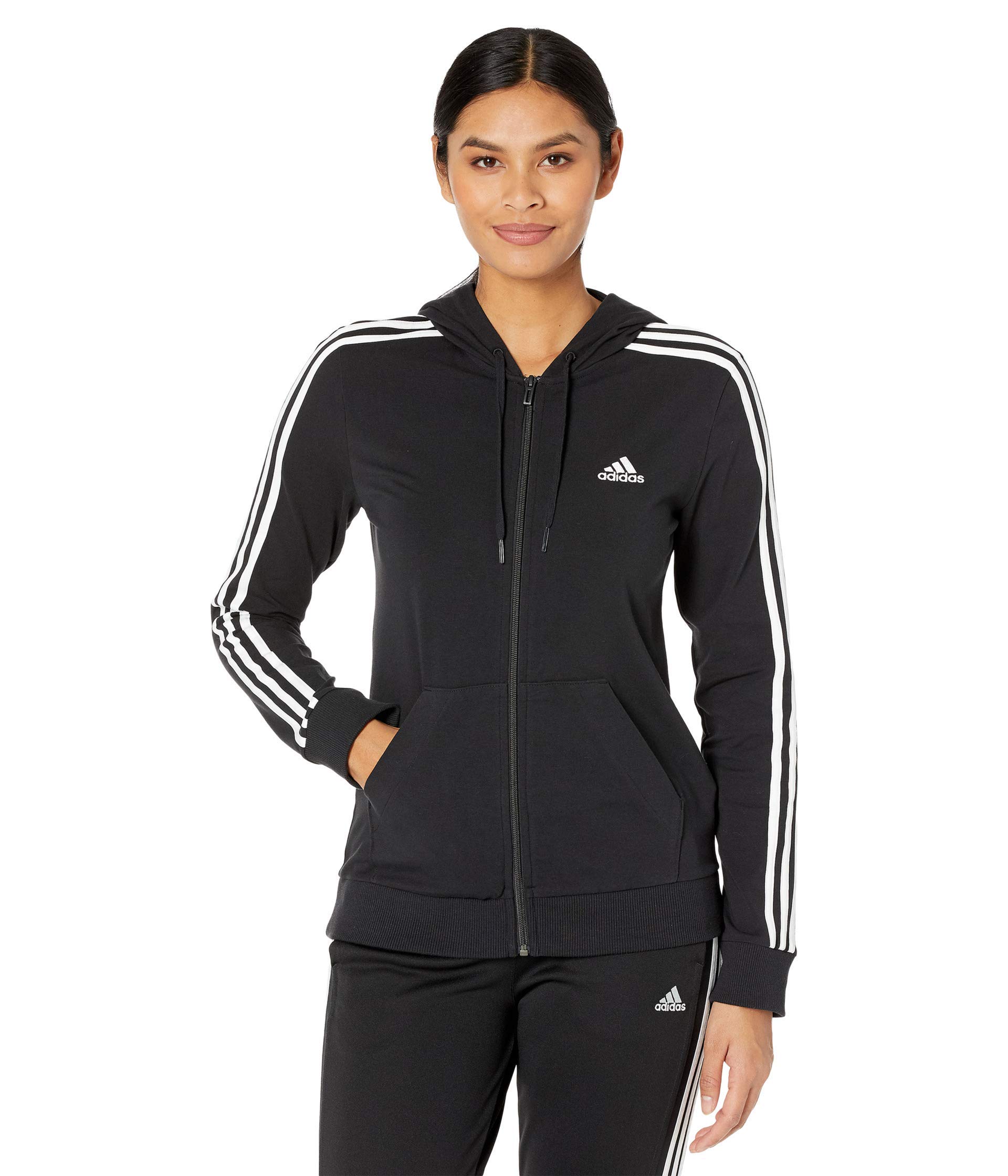 adidas Women's Essentials Single Jersey 3-Stripes Full-Zip Hoodie, Black/White, Small