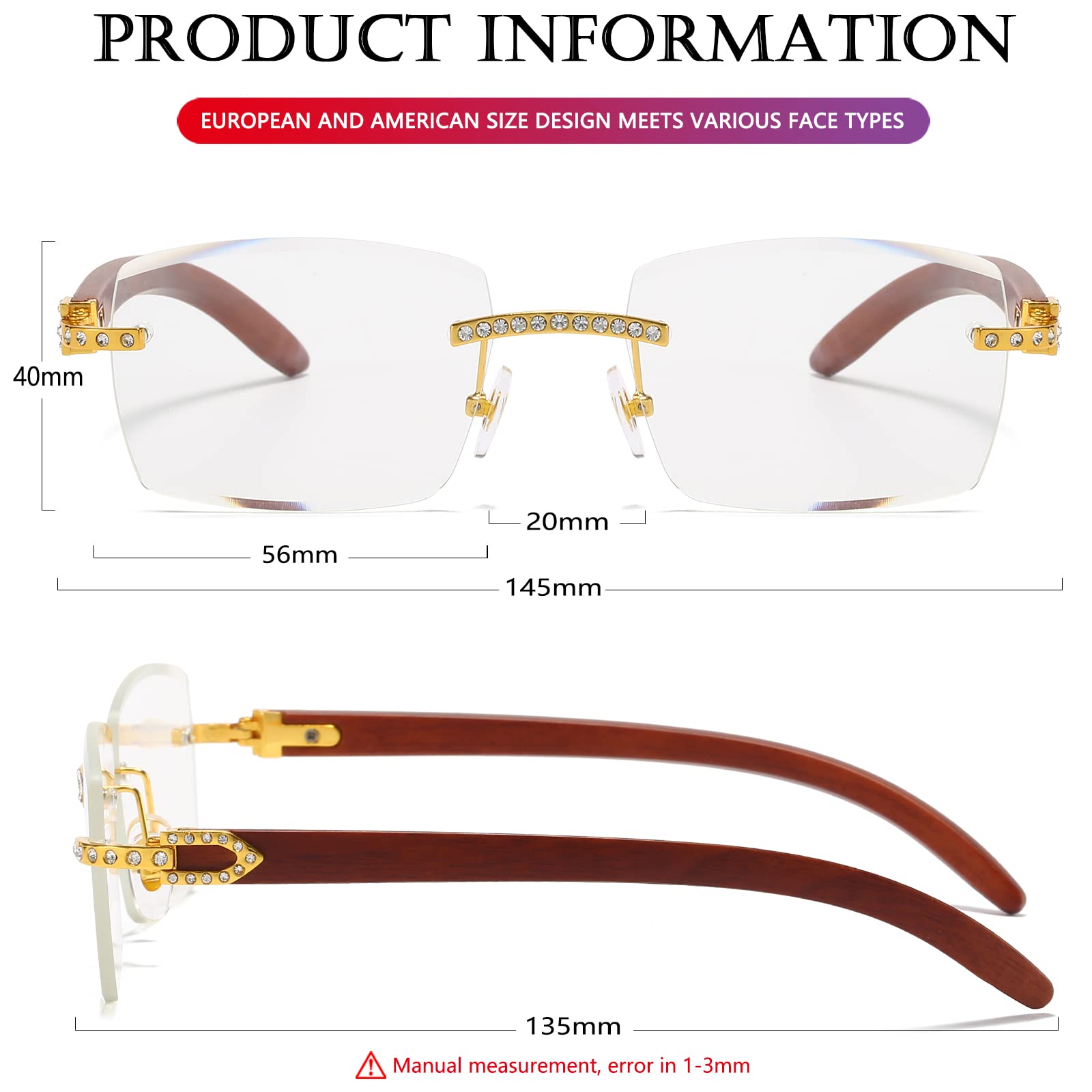 AIEYEZO Vintage Rimless Rectangle Sunglasses Fashion Crystal Diamond Sun Glasses Retro Square Frameless Eyewear (Gold/Transparent)