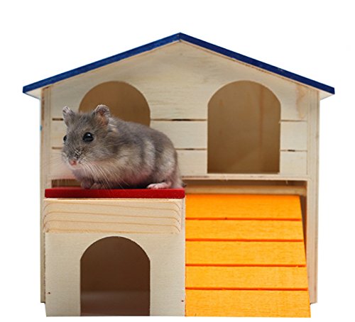 Hamiledyi Pet Small Animal Hideout Hamster House Deluxe Two Layers Wooden Hut Play Toys Chews
