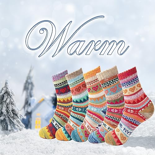ICEIVY Womens Wool Socks 5 Pairs Warm Wool Cotton Socks Thick Knit Vintage Casual Winter Socks