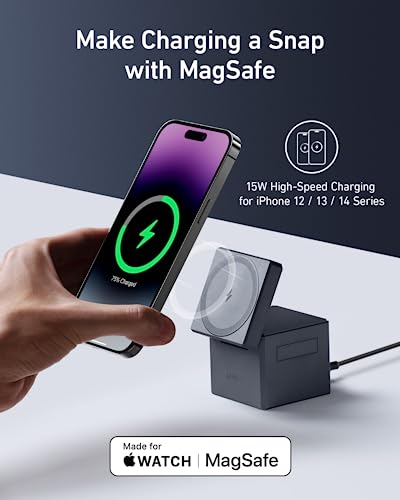 Anker MagSafe Charger Stand,Anker 3-in-1 Cube with MagSafe, 15W Max Fast Charging Stand, Foldable Wireless Charger for iPhone 15/14/13, Apple Watch S1-8/Ultra, AirPods (30W USB-C Charger Included)