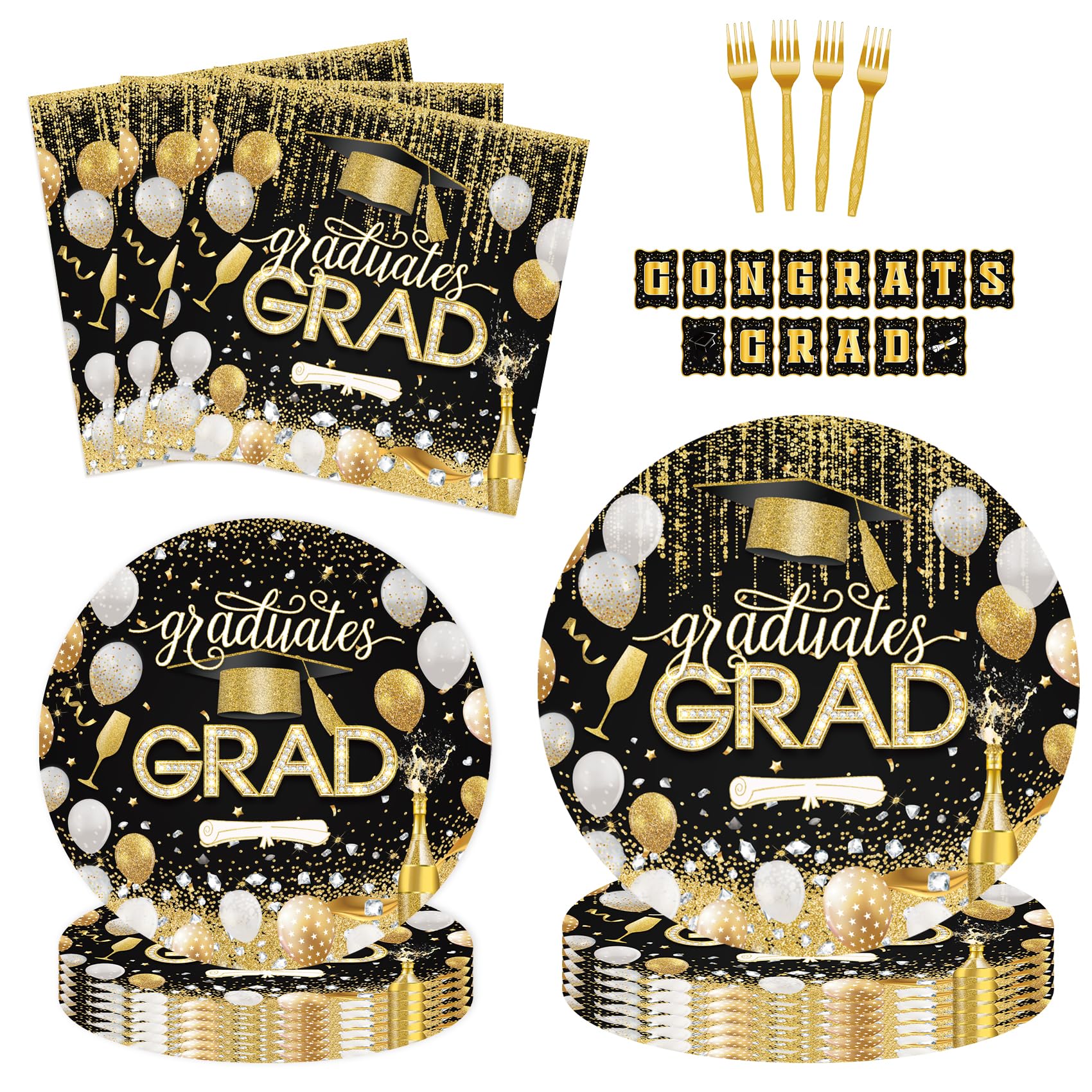 Black and Gold Graduation Party Supplies for 24: 97 Pcs with Elegant Plates, Forks, Bunting - Commencement Celebration - Classy Diploma-Themed Tableware Set