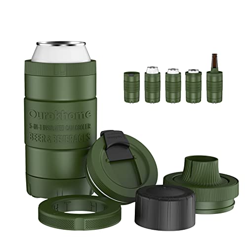 Ourokhome 5 in 1 Insulated Can Cooler, Freezer Can Coozie for 12 oz & 16 oz Cans and Bottles for Beer, Skinny Selzers, Soda and Coffee, 100% Leak Proof Tumbler with Lid, Christmas Gift, Green