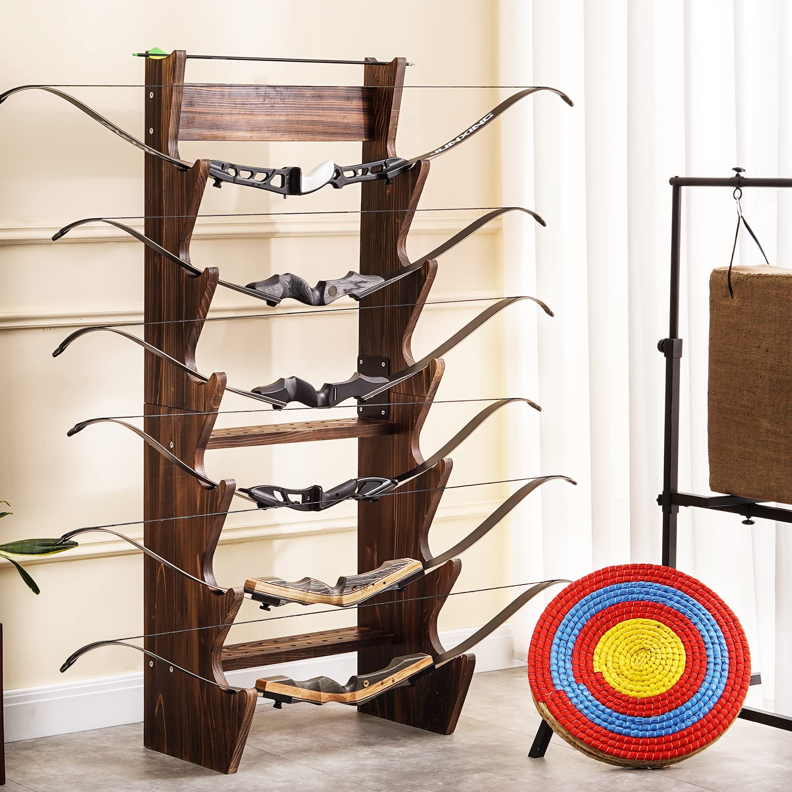 Aimdorarchery Bow Stand Bow Shelf for All Bows Pure Pine Wood Retro Design Best Choice for Bow Wall Decor Sturdy and Stable Bow Stand Can Hold 6 Bows 24 Arrows Storing your equipment conveniently