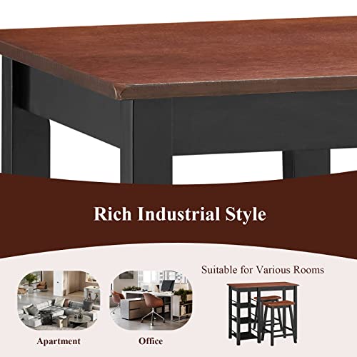 COSTWAY 3 Pieces Pub Table and Chair Set, Counter Height Dining Table Set with 2 Stools and 3 Storage Shelves, Industrial Wood Kitchen Table Set for Bar Bistro, Living Room, Restaurant