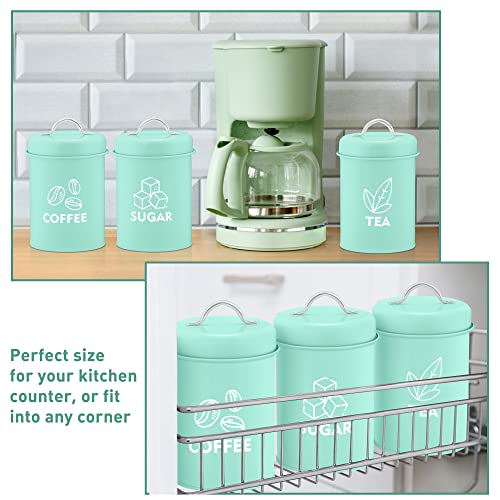 E-far Canister Sets for Kitchen Counter, 3-Piece Metal Tea Coffee Sugar Canister with Airtight Lid for Food Storage, Farmhouse Style & Small Size (6.1” x 4”)-Turquoise