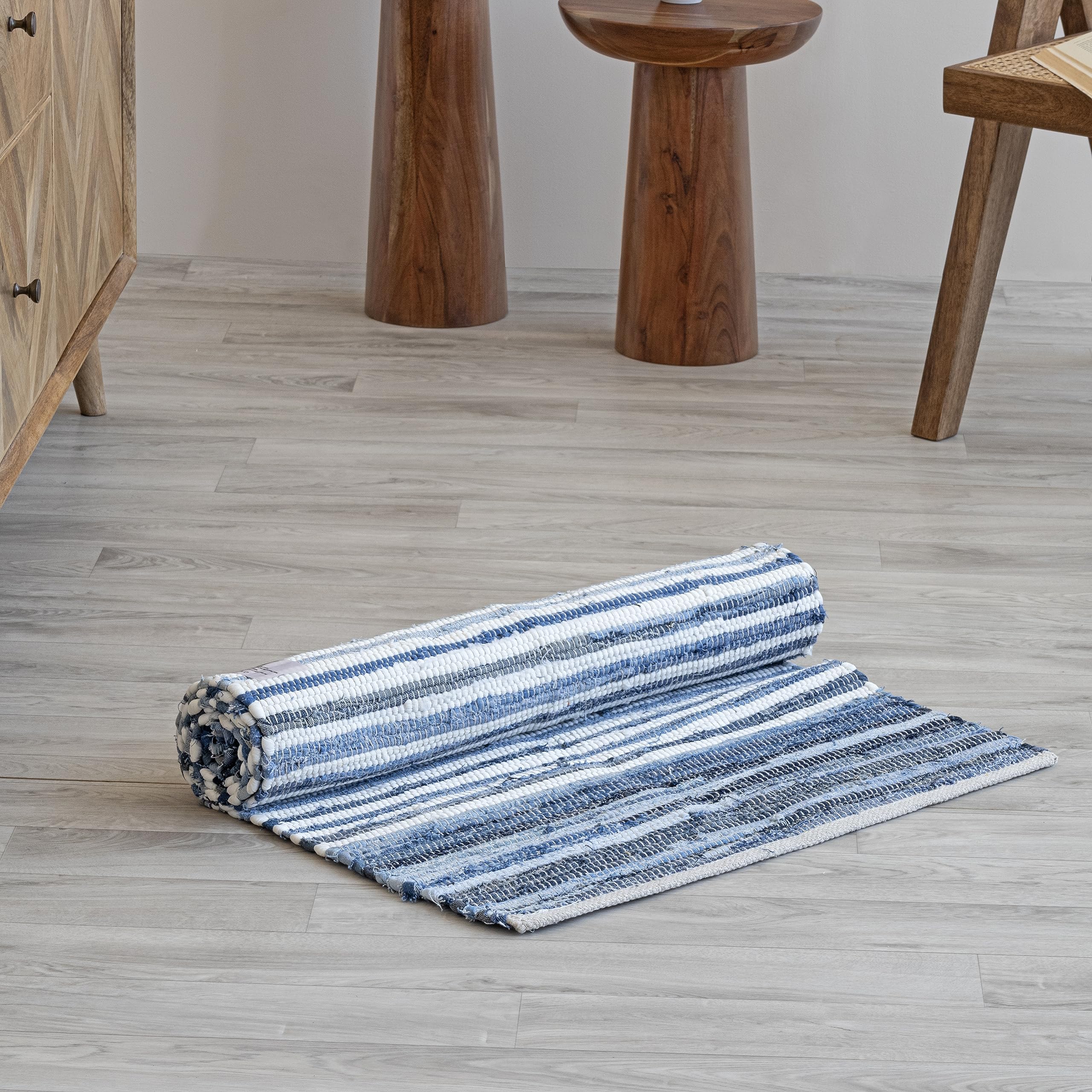 HOMEMONDE Chindi Rag Rug 20"x32" Rectangle Recycled Cotton Hand Braided Reversible Boho Rugs for Doormat/Kitchen/Living Room (Blue)