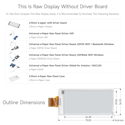 Waveshare 2.9inch E-Ink Raw Display Compatible with Raspberry Pi 4B/3B+/3B/2B/B+/A+/Zero/Zero W/WH/Zero 2W Series Boards 296x128 Resolution with SPI Interface Without PCB Supports Partial Refresh