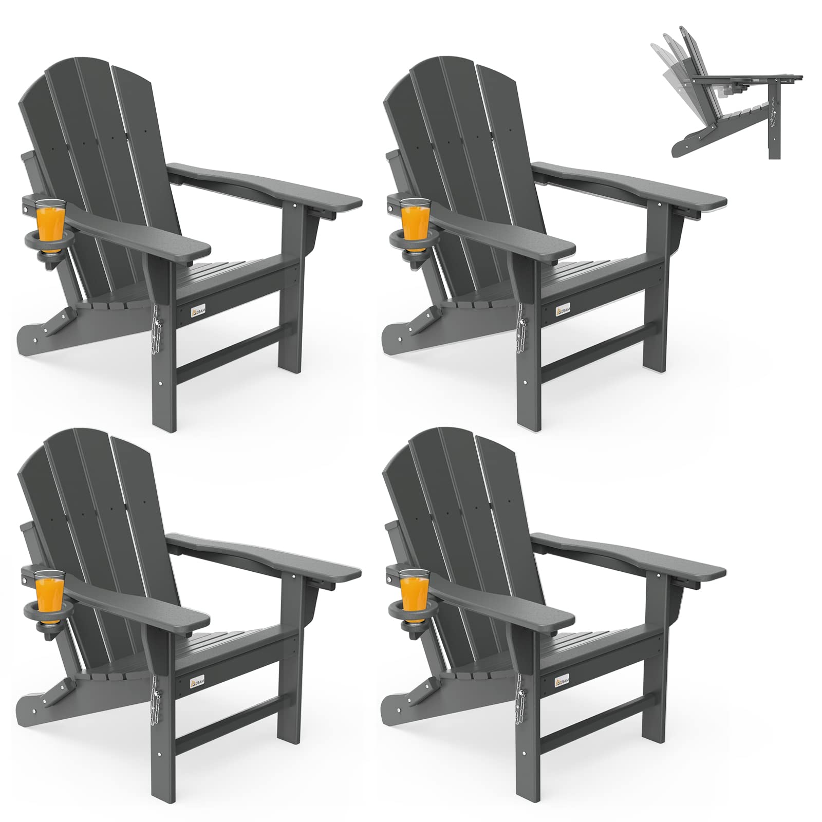 Mdeam Folding Adirondack Chair Set of 4, Adjustable Backrest, Fire Pit Chairs with Cup Holder, HDPE All Weather for Patio Lawn Deck Campfire Garden Outdoor, Grey
