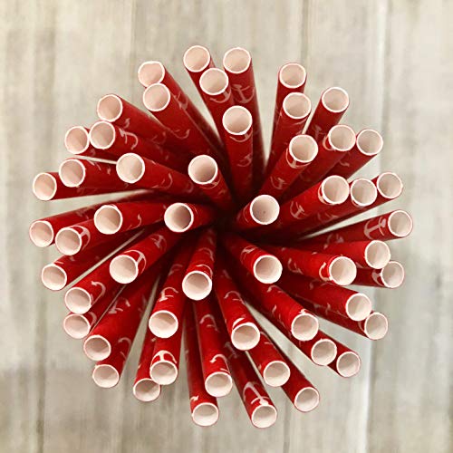 Anchor Nautical Themed Paper Straws - Red and White - 7.75 Inches - 100 Pack - Outside the Box Papers Brand
