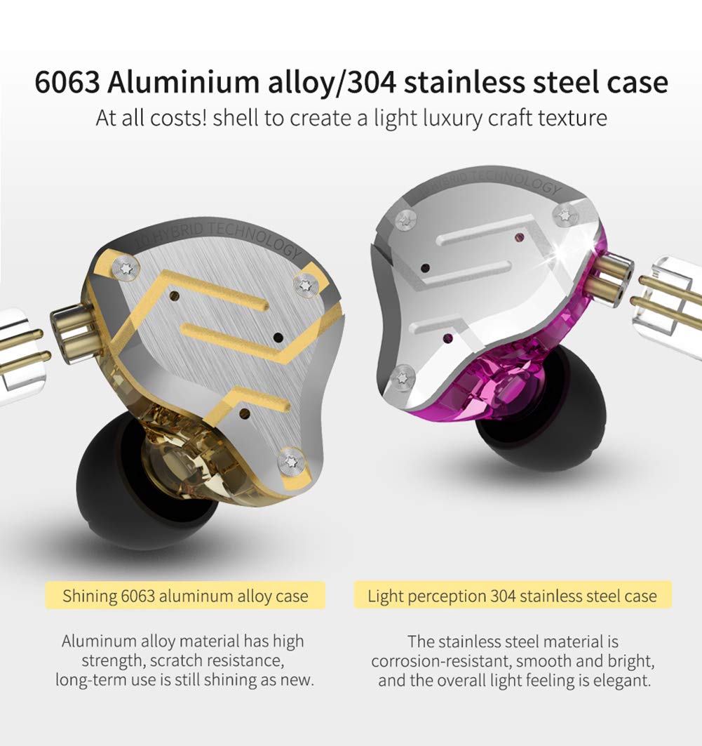 Five Driver Headphones,KZ ZS10 PRO High Fidelity Noise-Isolating Earbuds/Earphones with Detachable Cable 2Pin 0.75mm (Without MIC, Glare Gold)