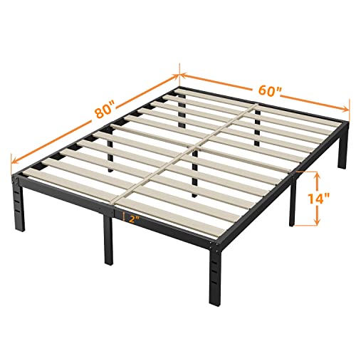 ZIYOO Queen Size Bed Frame, 3" Extra Wide Wood Slats with Better Support for Mattress,14 Inch High, No Box Spring Needed, Noise Free, Easy Assembly