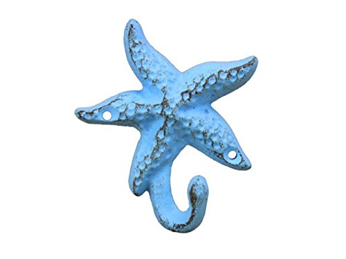 Hampton Nautical Rustic Starfish Hook 6" Decoration-Antique Vintage Cast Iron, Solid Light Blue