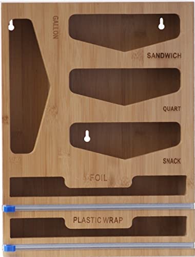 Foil And Plastic Wrap Organizer With Cutter & Ziplock Bag Storage, Baggie Food Holders For Sandwich, Snack Gallon, Quart Bag, Bamboo Aluminum Dispenser Labels, 43*33*7