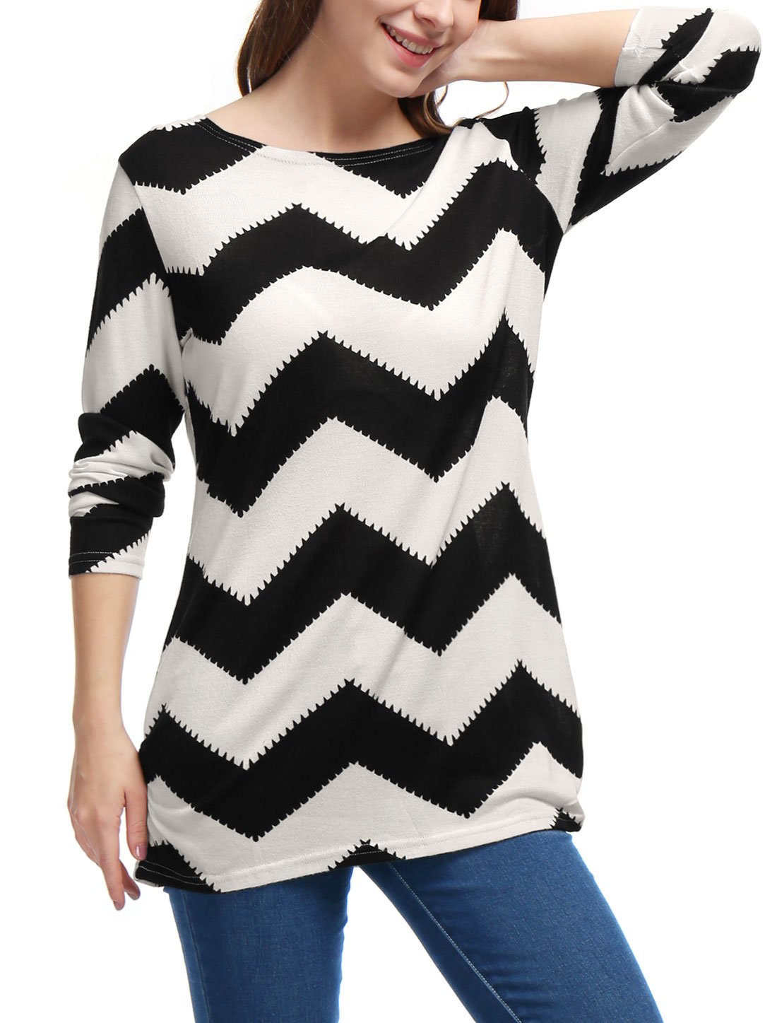 Allegra K Women's Round Neck Contrast Color Knitted Shirts Long Sleeve Sweater Tops Medium Black White
