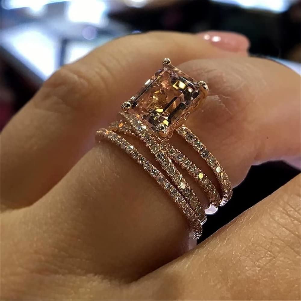 Aioweika Womens Rings Fashion Geometric Square Rose Gold Ring Jewelry Stacking Ring Set Diamond Inlaid Temperament Rings