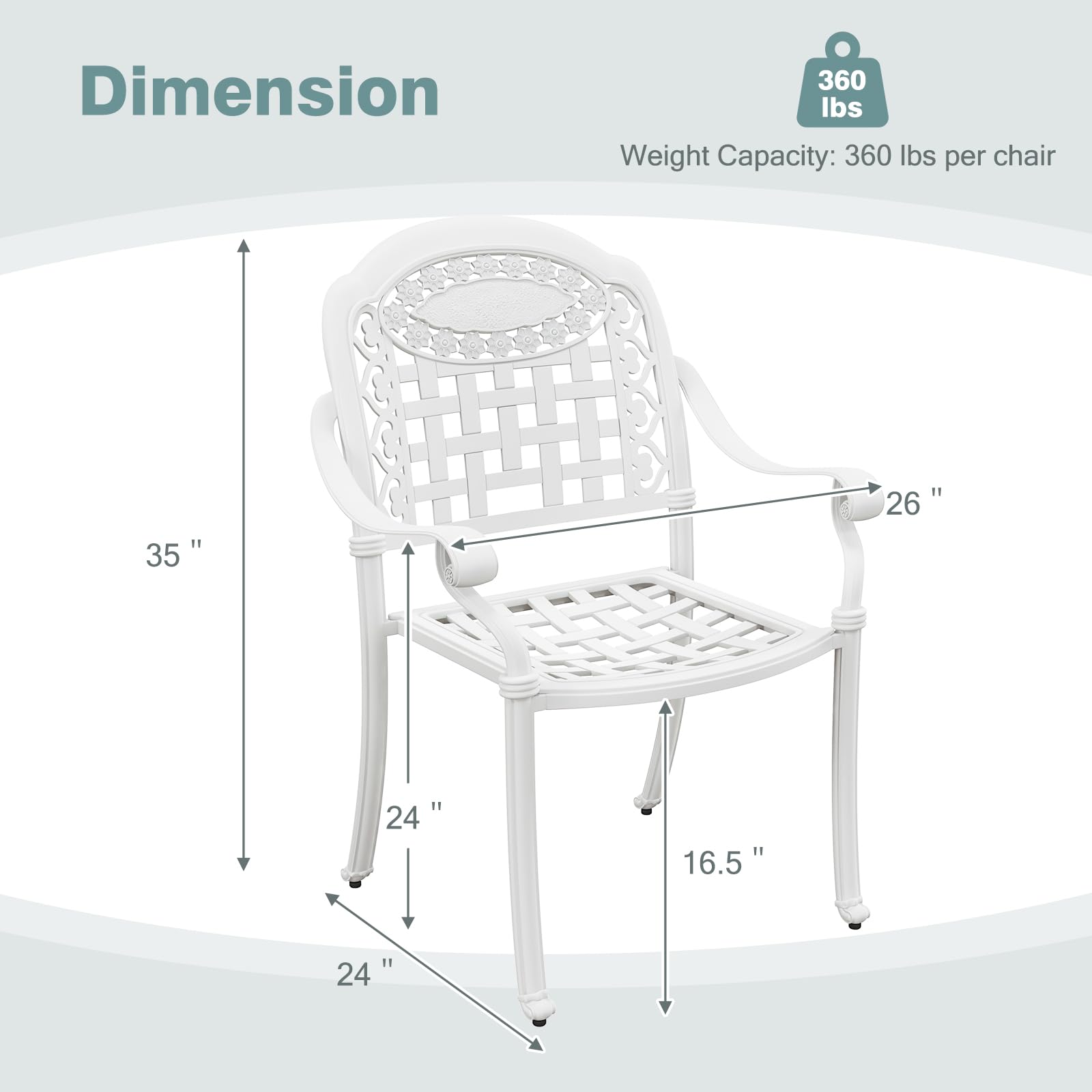 Giantex Stackable Outdoor Chairs Set of 2, All Weather Cast Aluminum Patio Chairs for Lawn Porch Garden Yard, Bistro Dining Chairs with Armrests, Adjustable Foot Pads, Easy Assembly (1, White)