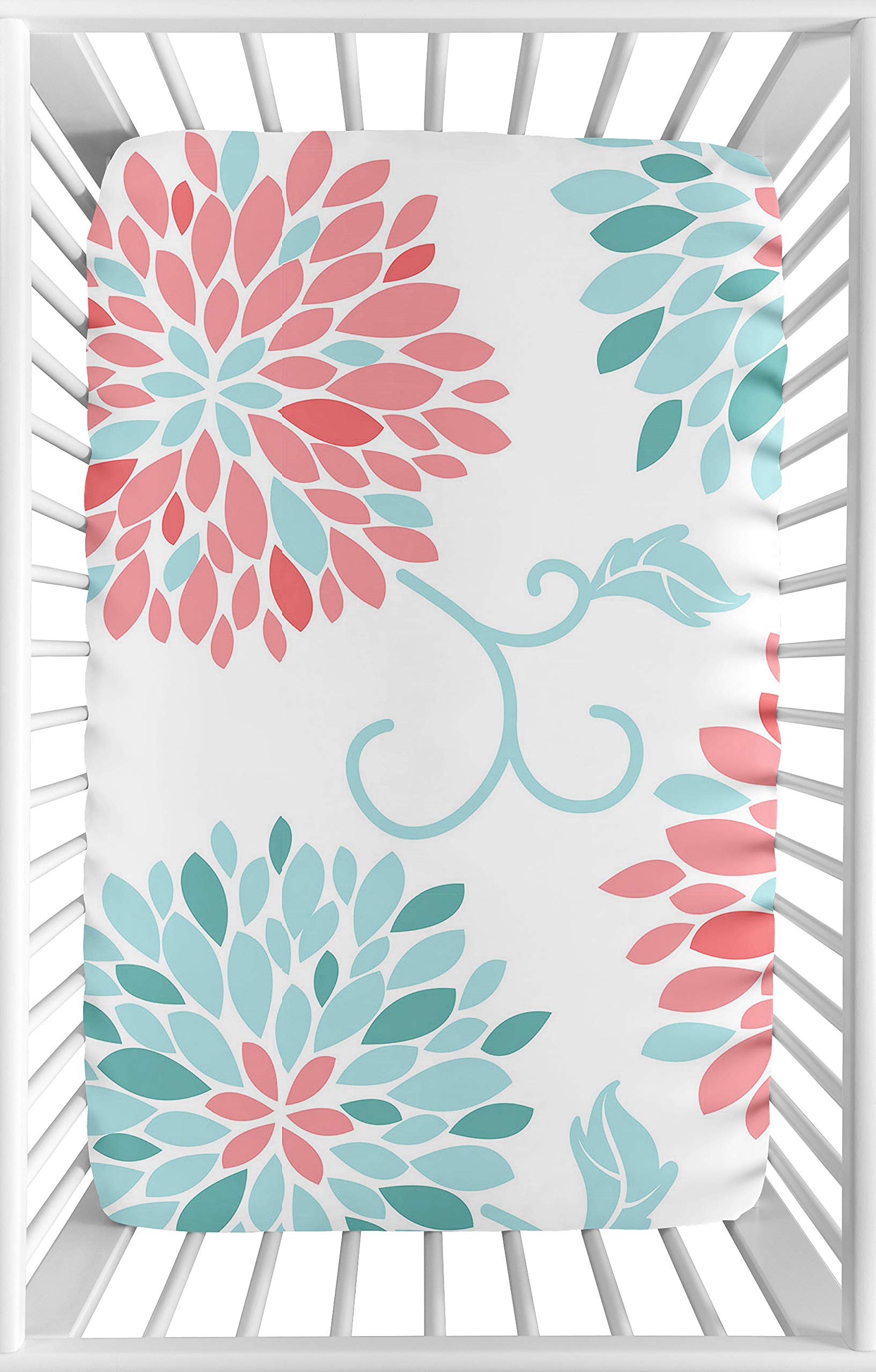 Sweet Jojo Designs Turquoise Blue and Coral Floral Baby Girl Fitted Mini Portable Crib Sheet for Emma Collection - for Mini Crib or Pack and Play ONLY