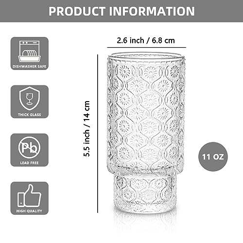 Glass Cups Vintage Glassware | Set of 4 Large, Embossed Stackable Pattern Style Transparent Cocktail Glasses Set, Ice Coffee Cup Juice Drinkware, Clear, 310ml (L)