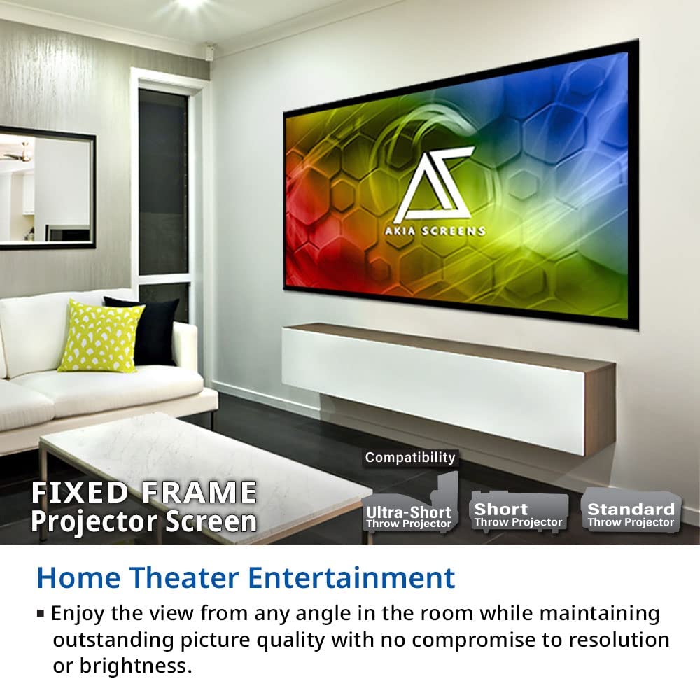 Akia Screens Fixed Frame Projector Screen 120 inch 16:9 8K 4K Ultra HD 3D Ready Wall Mount CINEWHITE UHD-B 120 Projection Screen for Indoor Movie Video Home Theater Cinema Office AK-FF120WH2