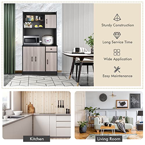 COSTWAY Freestanding Buffet with Hutch, Kitchen Pantry Storage Cabinet with 5-Position Adjustable Shelves, Kitchen Buffet Cabinet with Open Shelves, Doors and Drawer for Home (Black)