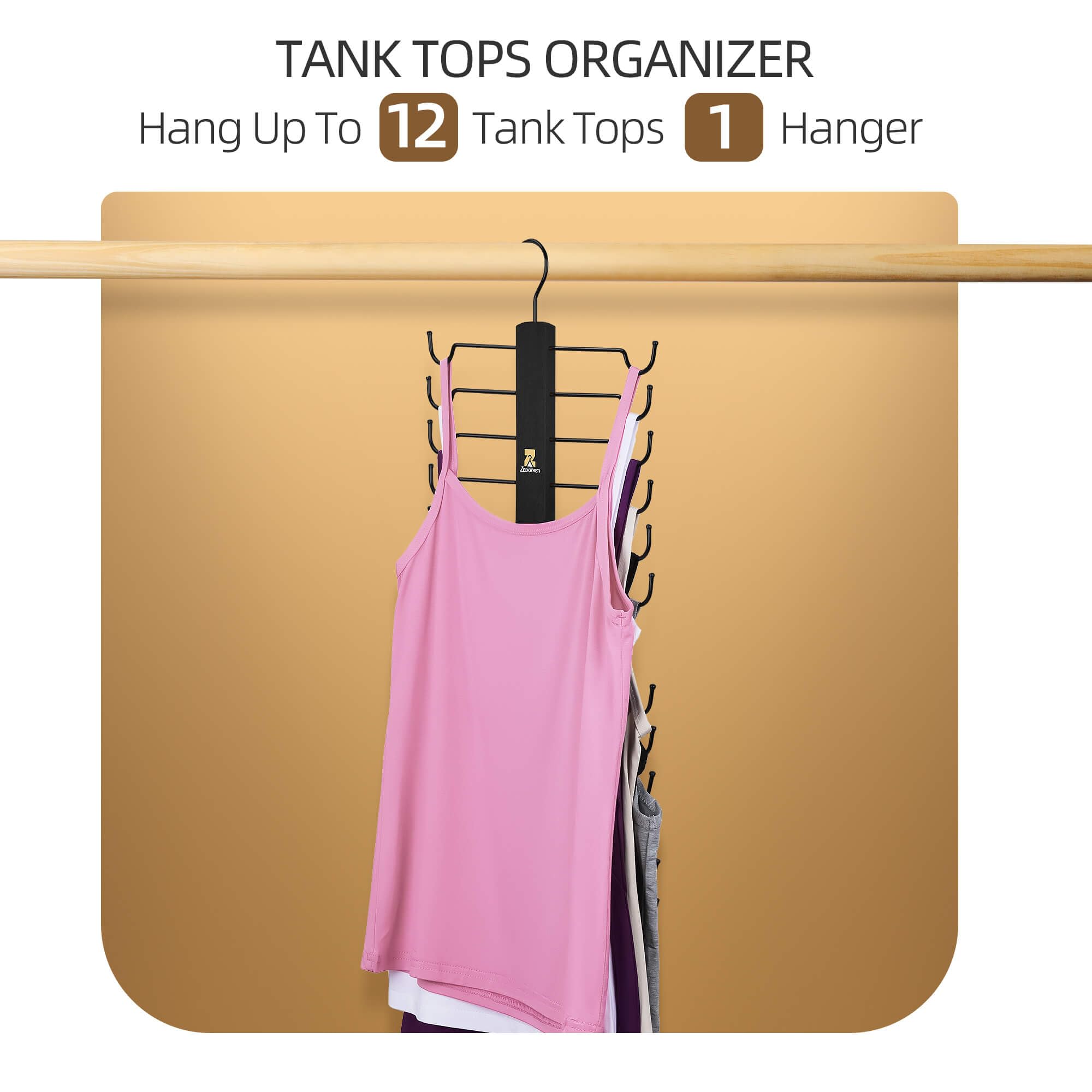 ZEDODIER Tank Top Hanger,2 Pack Wooden Bra Organizer for Closet, 12 Storage Capacity, Top 360° Rotation, Hanging Space Saving Hook for Tank Tops, Sport Bras, Camisoles, Lingeries, Black
