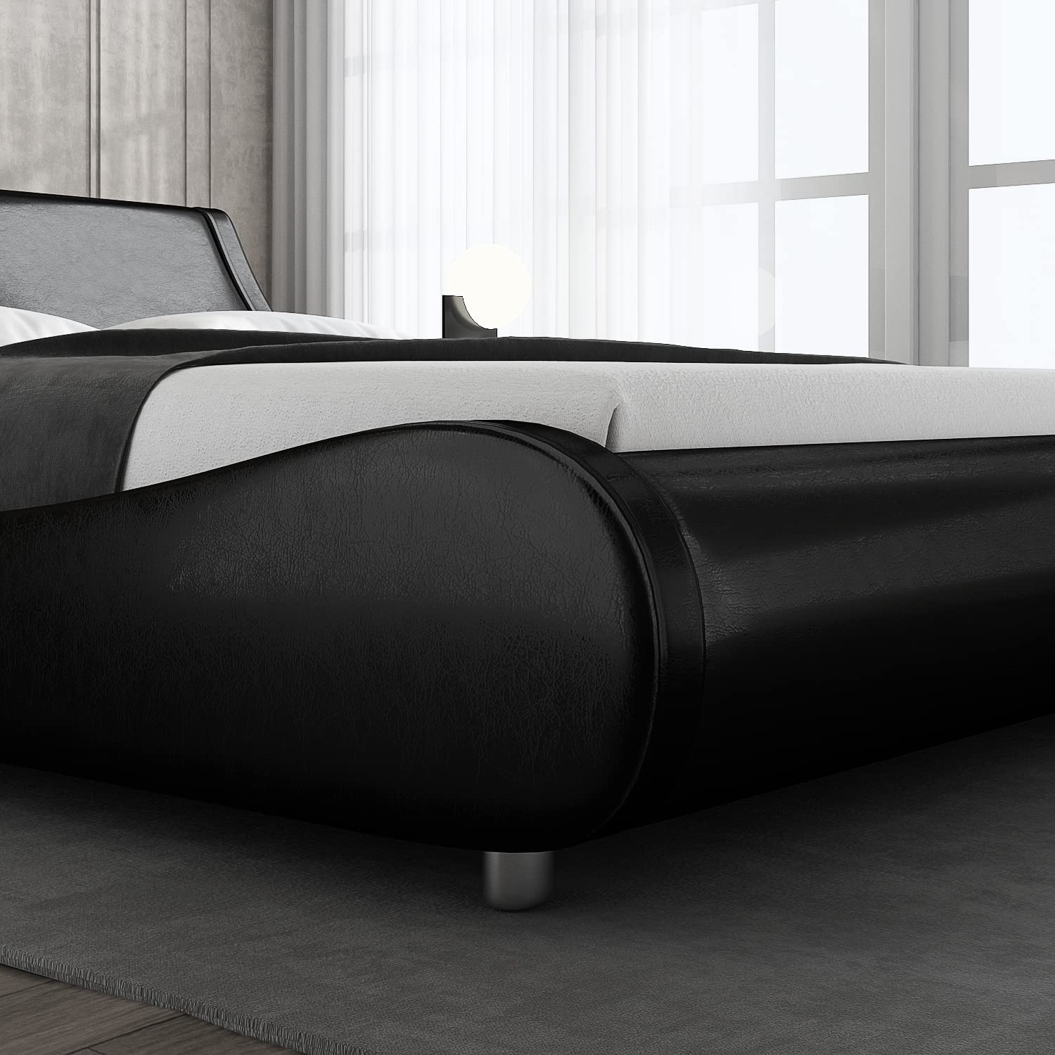 Allewie Upholstered Queen Size Platform Bed Frame Modern Low Profile Sleigh Bed with Faux Leather Headboard, Easy Assembly, No Box Spring Needed, Black & White