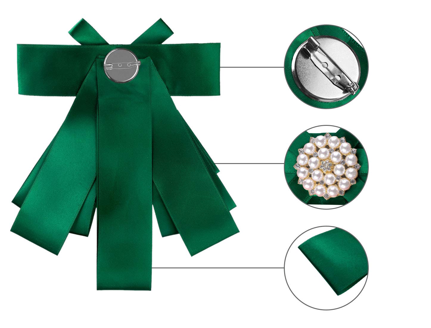 Allegra K Women's Pre-tied Bowknot Beads Bow Tie Elegant Large Ribbon Brooch One Size Deep Green