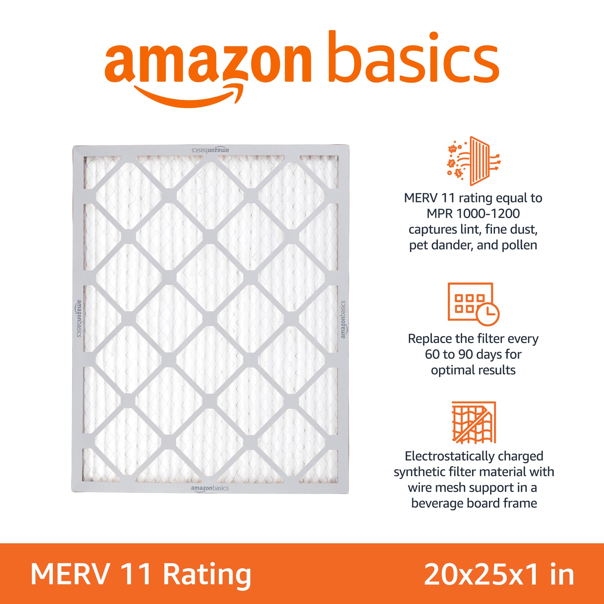 Amazon Basics Merv 11 AC Furnace Air Filter - 20'' x 25'' x 1'', 6-Pack