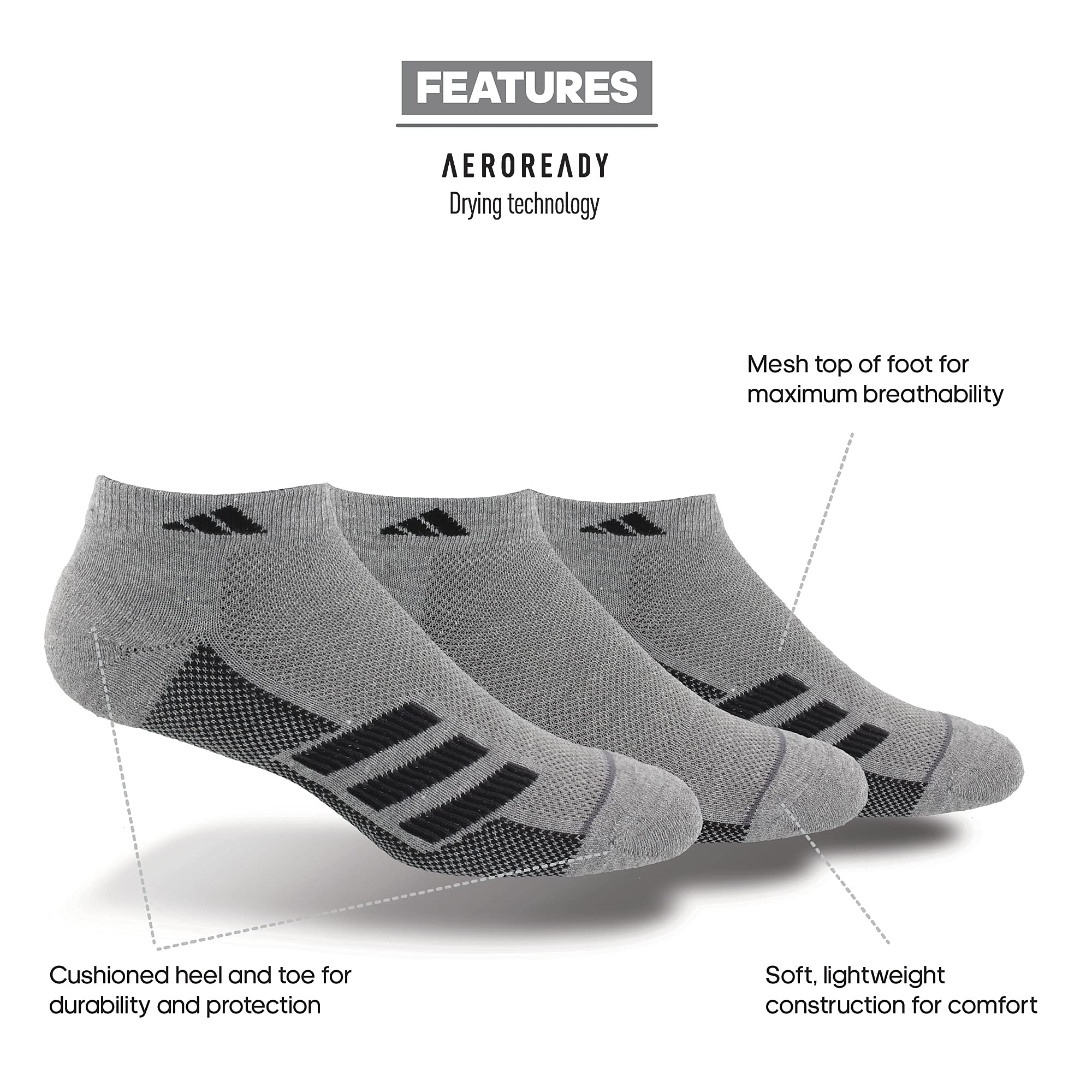adidas Men's Superlite Stripe II 3-Pack Low Cut, Heather Grey/Black/Night Grey, Large