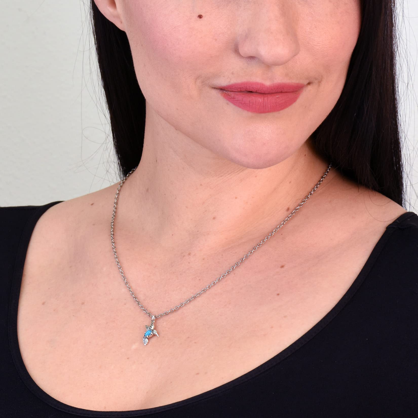 American west Sterling Silver Blue Turquoise Gemstone Hummingbird Necklace 17 to 19 Inch