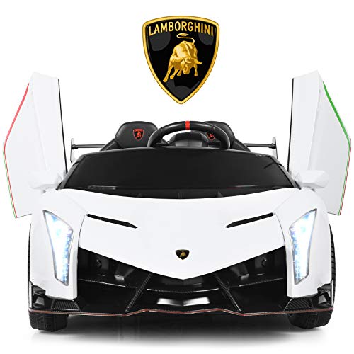 Costzon 2-Seater Ride on Car, Licensed Lamborghini Poison, 12V Battery Powered Car w/ 2.4G Remote Control, 3 Speed, Swing Mode, LED Lights, Horn, USB/MP3/TF, Electric Vehicle for Kids, White