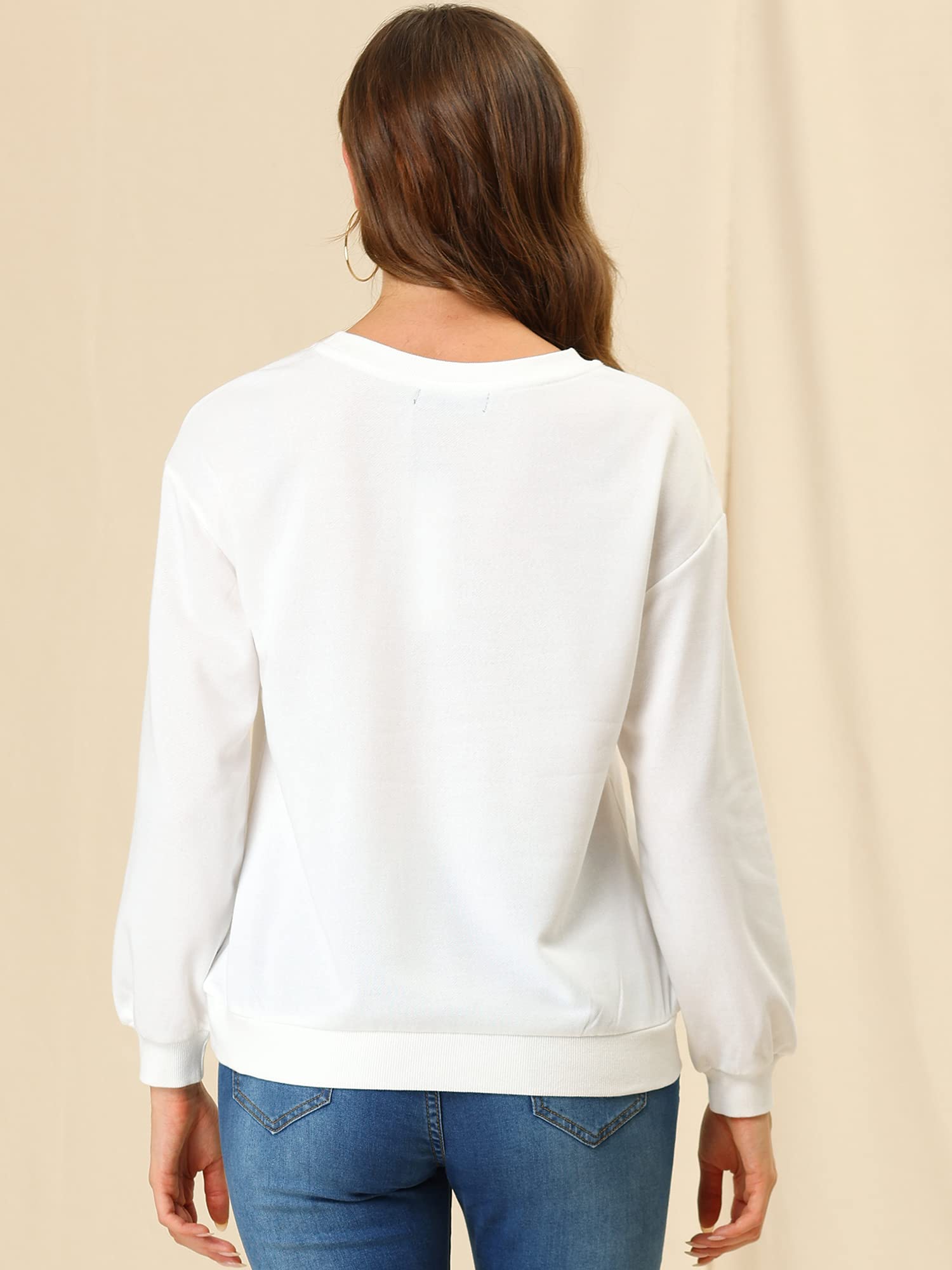 Allegra K Women's Sequin Shiny Star Crew Neck Long Sleeve Sweatshirt Top White Medium