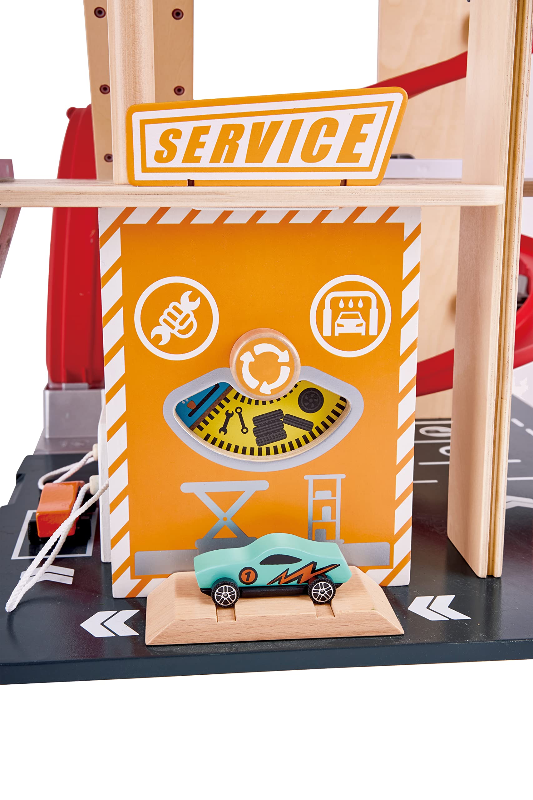 Hape Gearhead Stunt Garage Kids Wooden Toy Car Parking Garage Playset w/Elevator and 2 Exit Tracks, Detachable Loop, Includes 2 Wooden Toy Racecars