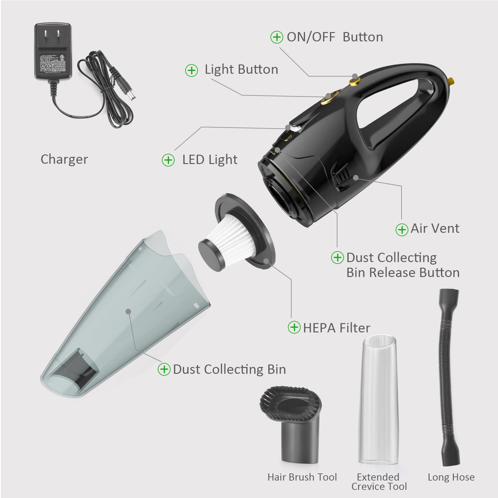 Handheld Vacuum Dust Busters Cordless Rechargeable, AEWHALE Hand Vacuum Cordless 10000PA High Power with LED Light, Portable Home & Car Mini Vacuum, Wet/Dry Car Vacuum Cleaner(Black)