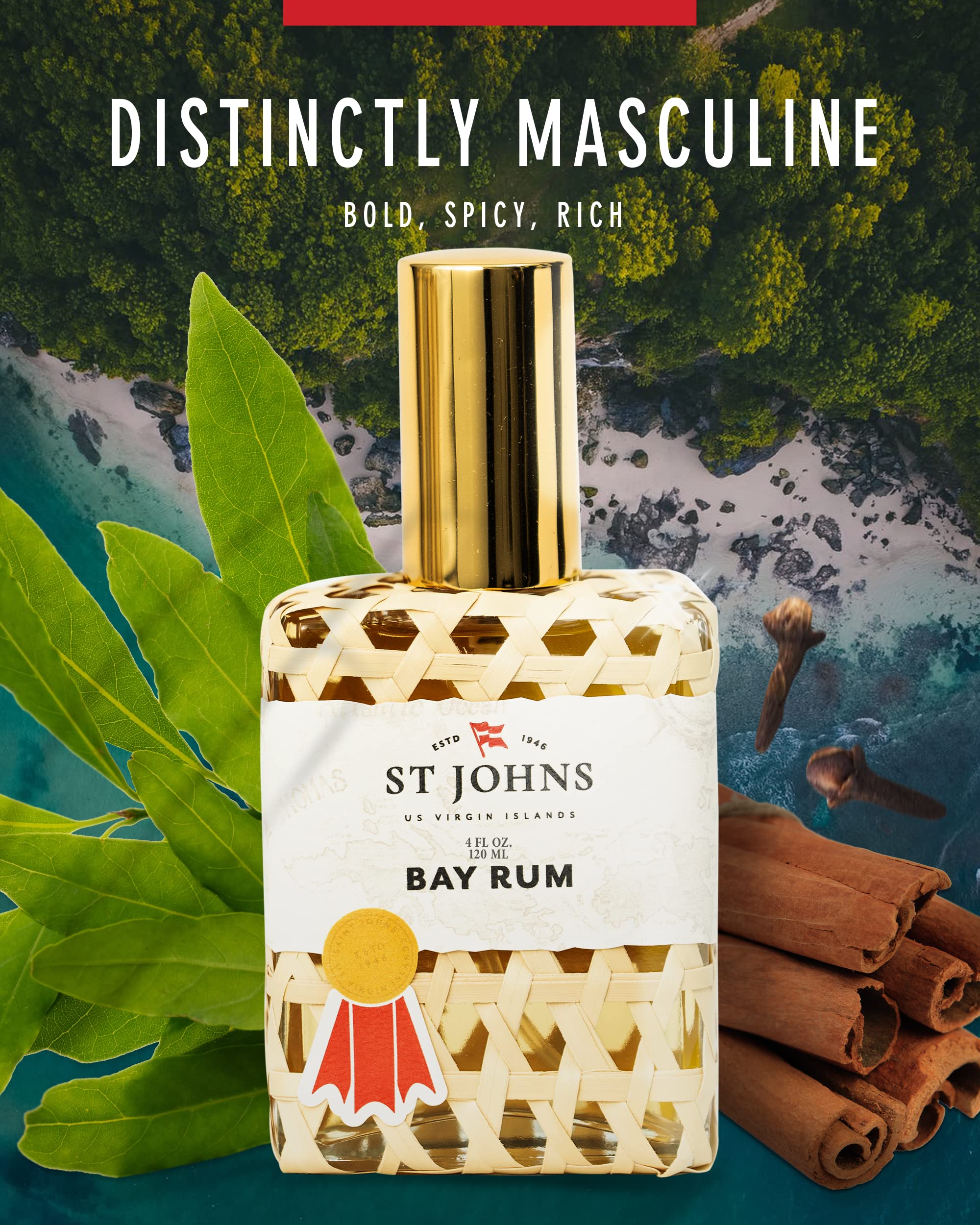 St. John Bay Rum Aftershave and Cologne | Made with Bay Leaves from The Virgin Islands | Bay Leaf After Shave Fragrance for Men | (4 oz)