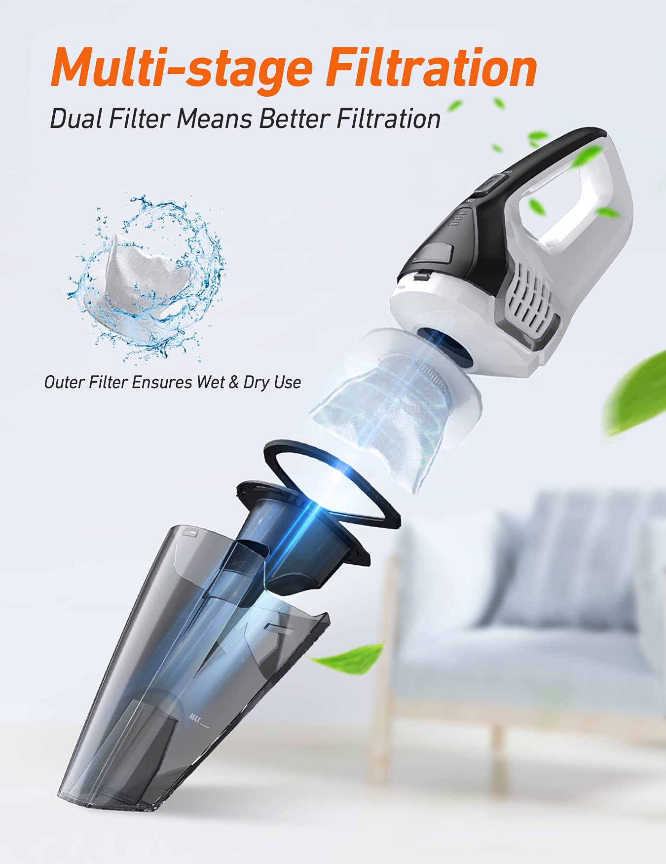 Handheld Vacuum Cordless Rechargeable, 8500Pa Powerful Handheld Vacuum Cleaner for Wet&Dry Use, Portable Handheld Vacuum Cleaner for Car/Home/Pet Hair Cleanup, Vac with Charging Dock&2 HEPA Filters