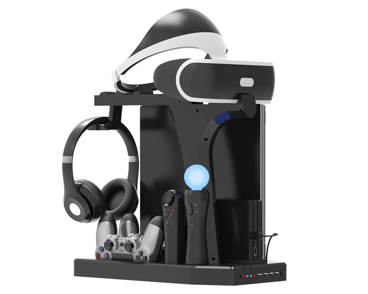 ElecGear Vertical Charging Stand with Cooling Fan PSVR Headset Storage Stand, Docking Station Charger Dock for Move and DualShock 4 Controller, PlayStation , PS VR
