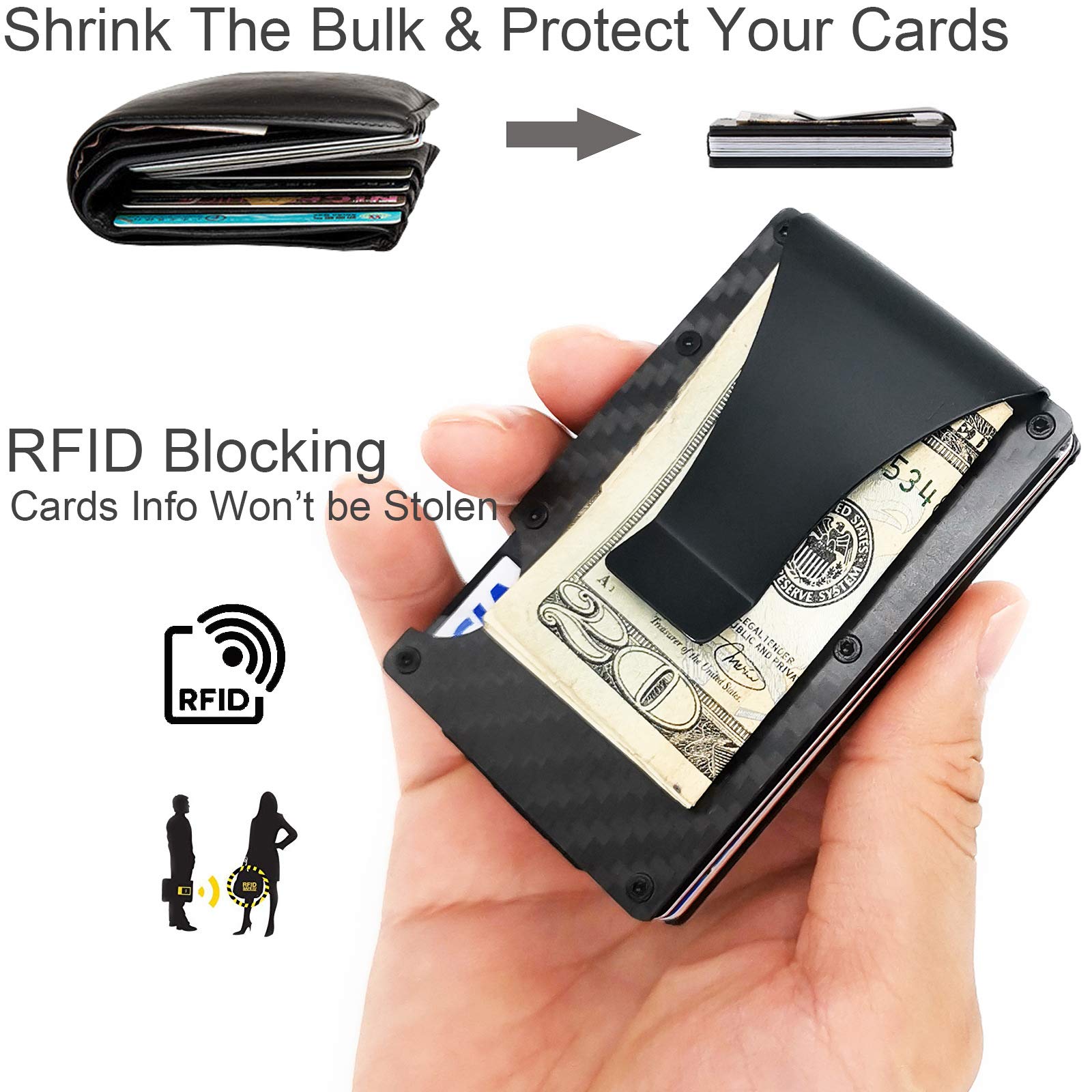FOCUS REVISION Carbon Fiber Wallet with Money Clip - RFID Blocking - Minimalist Card Holder - Slim wallet - for Travel - for Men and Women's Gift,(black)