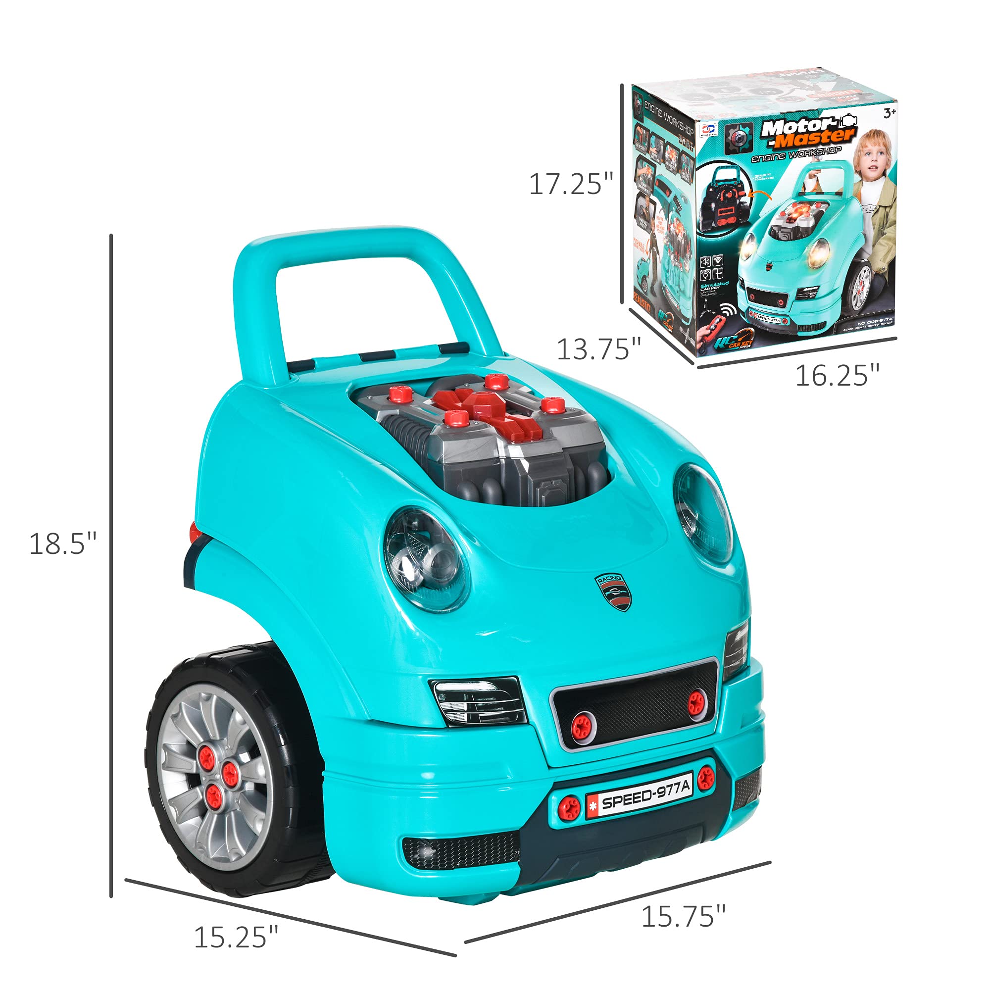 Qaba Kids Truck Engine Toy, Kids Mechanic Car Repair Set, Engine Disassembly Play Workshop, Includes 61 Pieces, Steering Wheel, Horn, Light for 3-5 Years Old, Teal