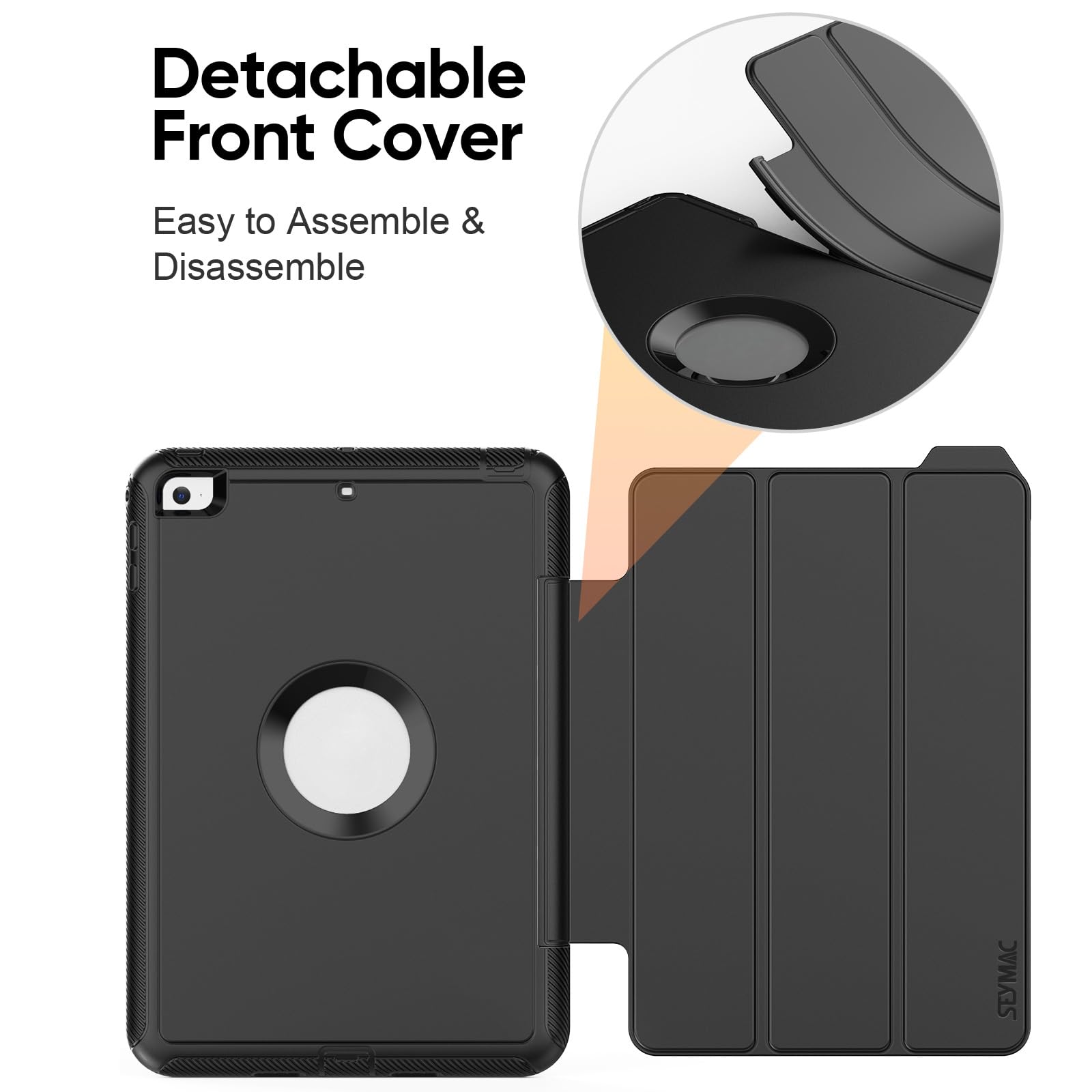SEYMAC for iPad 6th/5th Generation Case, Sturdy Heavy Duty Shockproof Protection Folio Stand Case with Smart Cover Auto Sleep/Wake for iPad 9.7 Case, Black