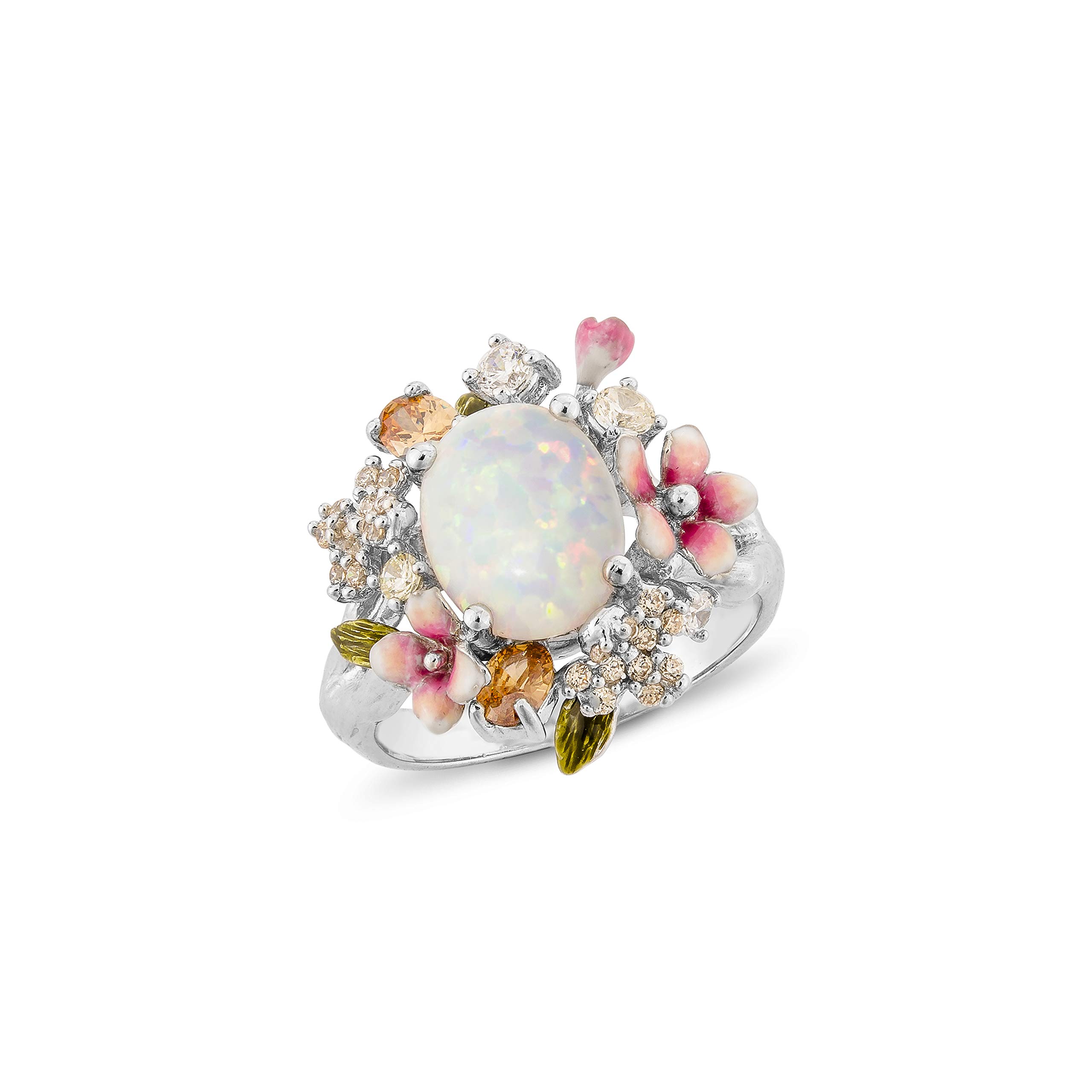 Anthia Jewelry Womens Sterling Silver High Shine Sparkling Cubic Zirconia Multi Gemstone Multicolor Comfy Fit Filigree Floral Flower Fashion Jewelry Accessory Beautiful Band Ring, White Opal, Size 6