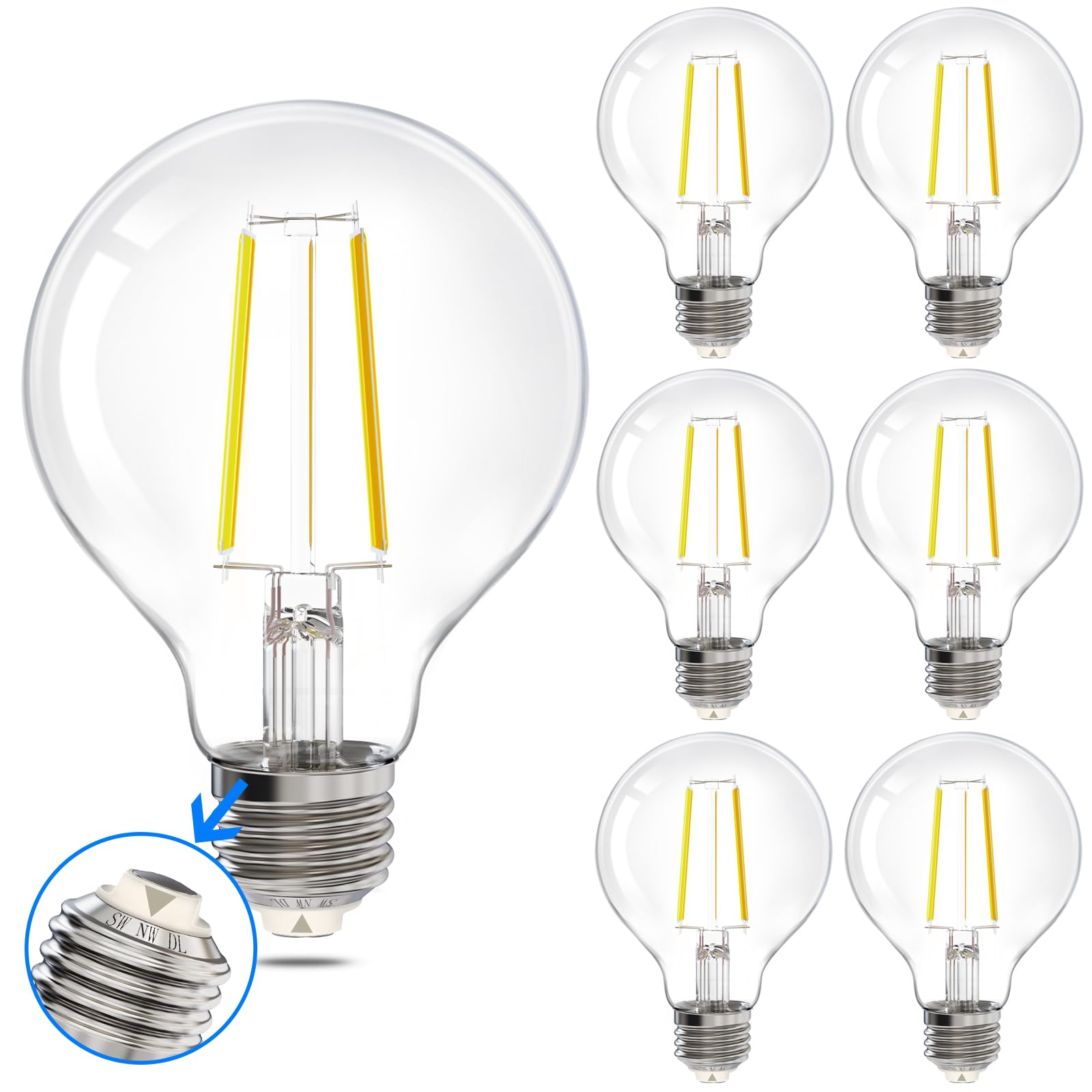 E ENERGETIC LIGHTING Dimmable G25 LED Bulb, 4.5W LED Filament Light Bulbs, Clear Glass Round Light Bulb, 3CCT, 2700K/3500K/5000K, 500LM High Brightness, 60 W Equivalent, E26 Base, 6 Pack