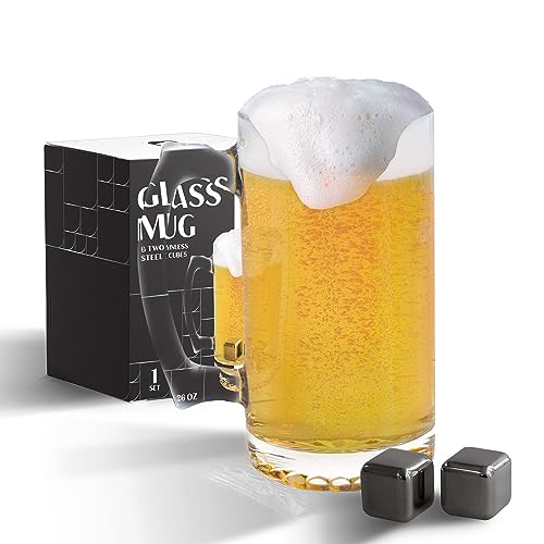 Beer Mug With Handle- Drinking Glass Dishwasher and Freezer Safe - Drinking Cup 26 ounce Large Pub Beer Mug with 2 Stainless Steel Ice Cubes - Traditional Beer Mug, Tea Glass, Cocktail Glass