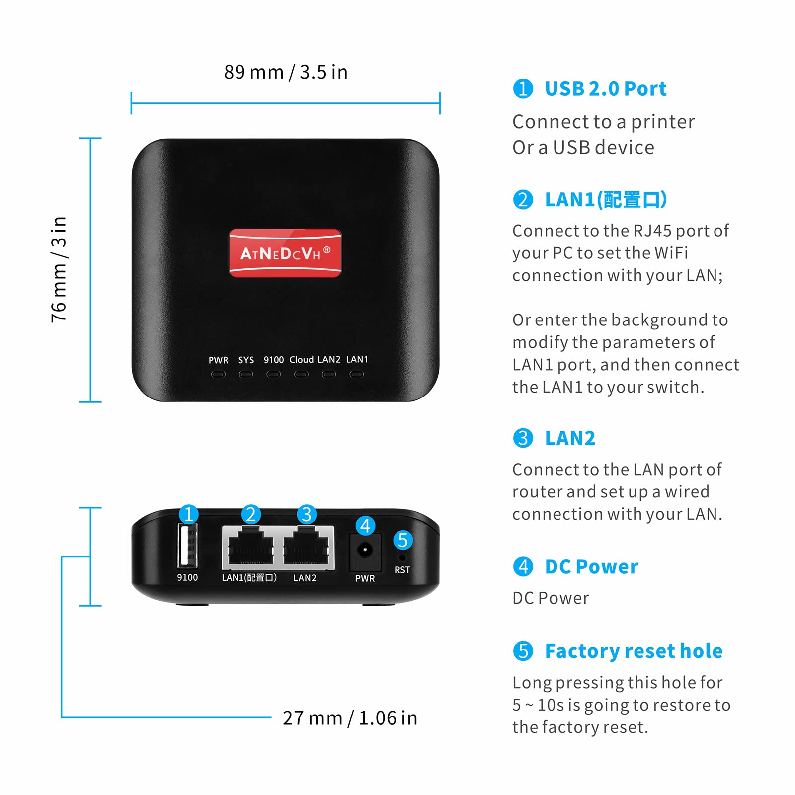 ATNEDCVH USB 2.0 Multifunctional WiFi Print & Scan Server,USB Wireless Extender Sharer,10/100Mbps RJ45 LAN 1 Port USB Over Ethernet Extension Adapter for Win 7 8 10 / Mac/Linux OS (Black)