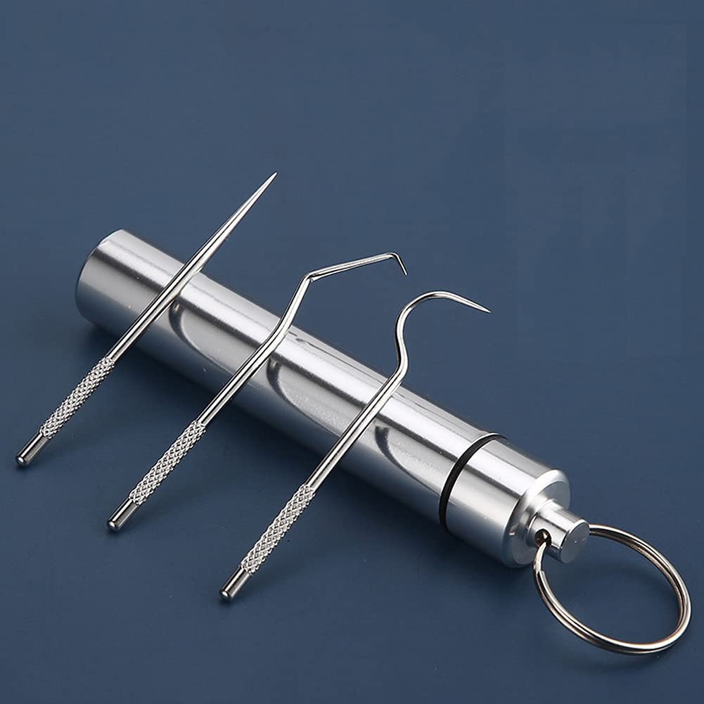 Angzhili 3 Pcs/Set Stainless Steel Toothpicks Kit,Reusable Tooth Picks Set,Portable Pocket Toothpick,Travel Toothpicks with Holder for Travel, Outdoor