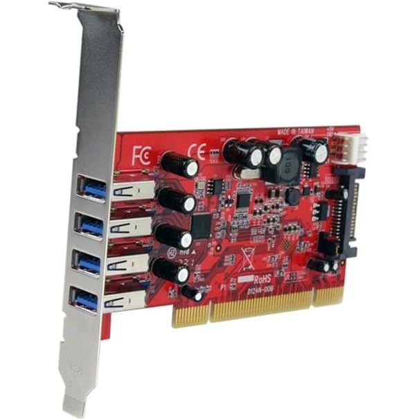 StarTech.com 4 Port PCI SuperSpeed USB 3.0 Adapter Card with SATA/SP4 Power, Quad Port PCI USB-A 3.0 (5Gbps) Controller Card, Red, Windows Only , TAA (PCIUSB3S4)
