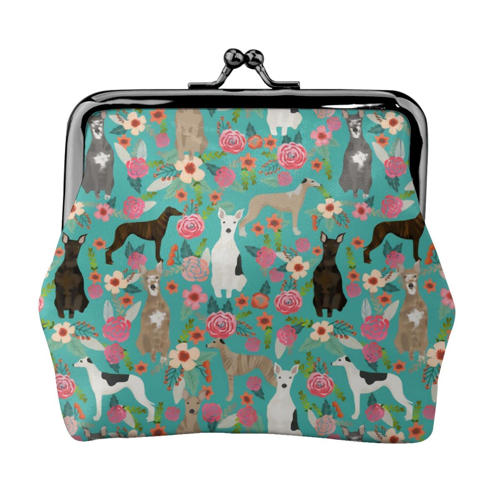 Cute Whippet Dogs Lovers Green Flower Floral Animals Dog Wallets Purses For Women Girls, PU Leather Vintage Buckle Coin Kiss-Lock Change Purse Card Holder Pouch 3D Printing Makeup Bags Birthday Gifts