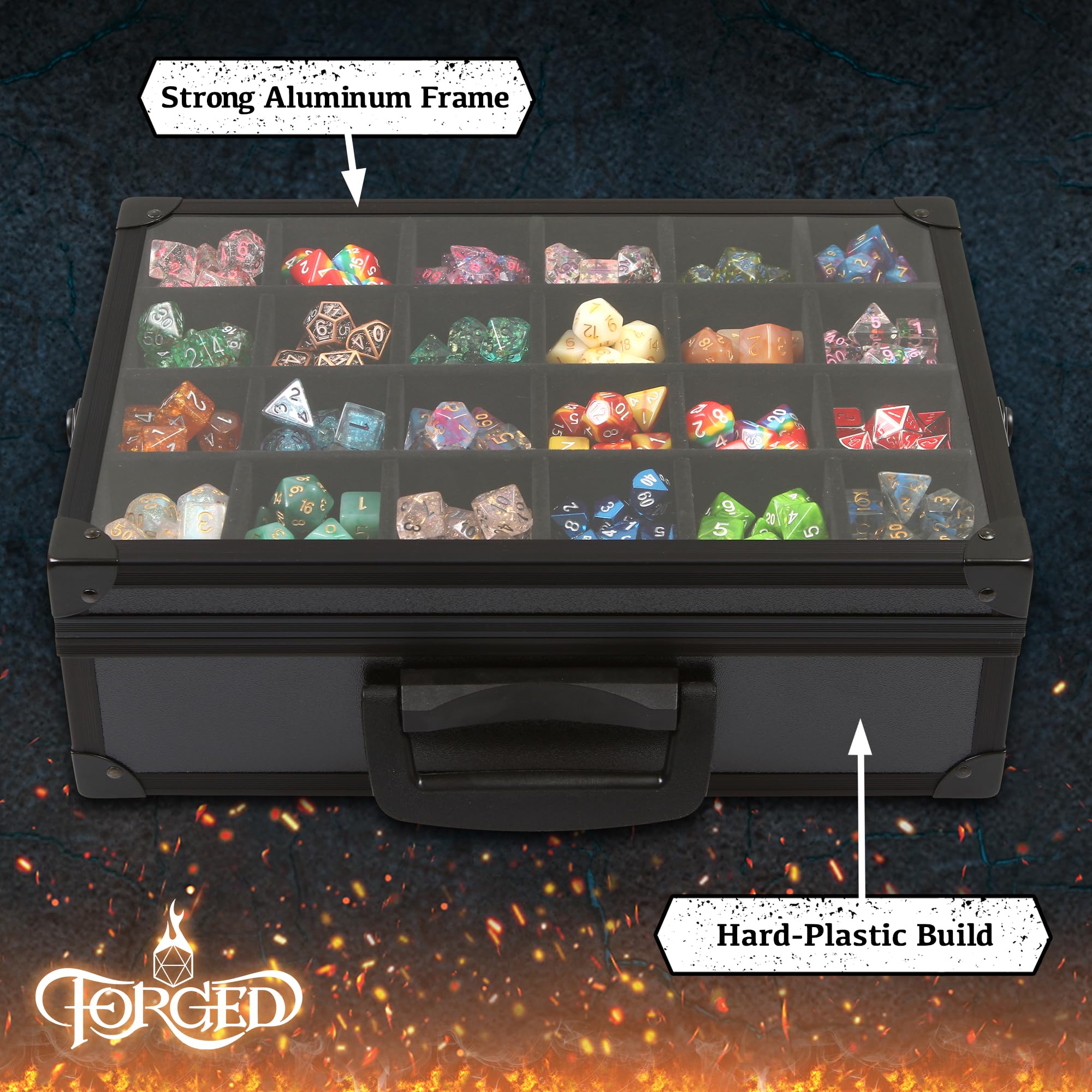 Forged Dice Co. Dice Display Case and Rolling Tray with 3 Removable Divided Dice Trays - Storage Box Holds up to 720 Metal or Plastic Polyhedral Dice Sets - Great for Dice Collectors or RPG D&D Games