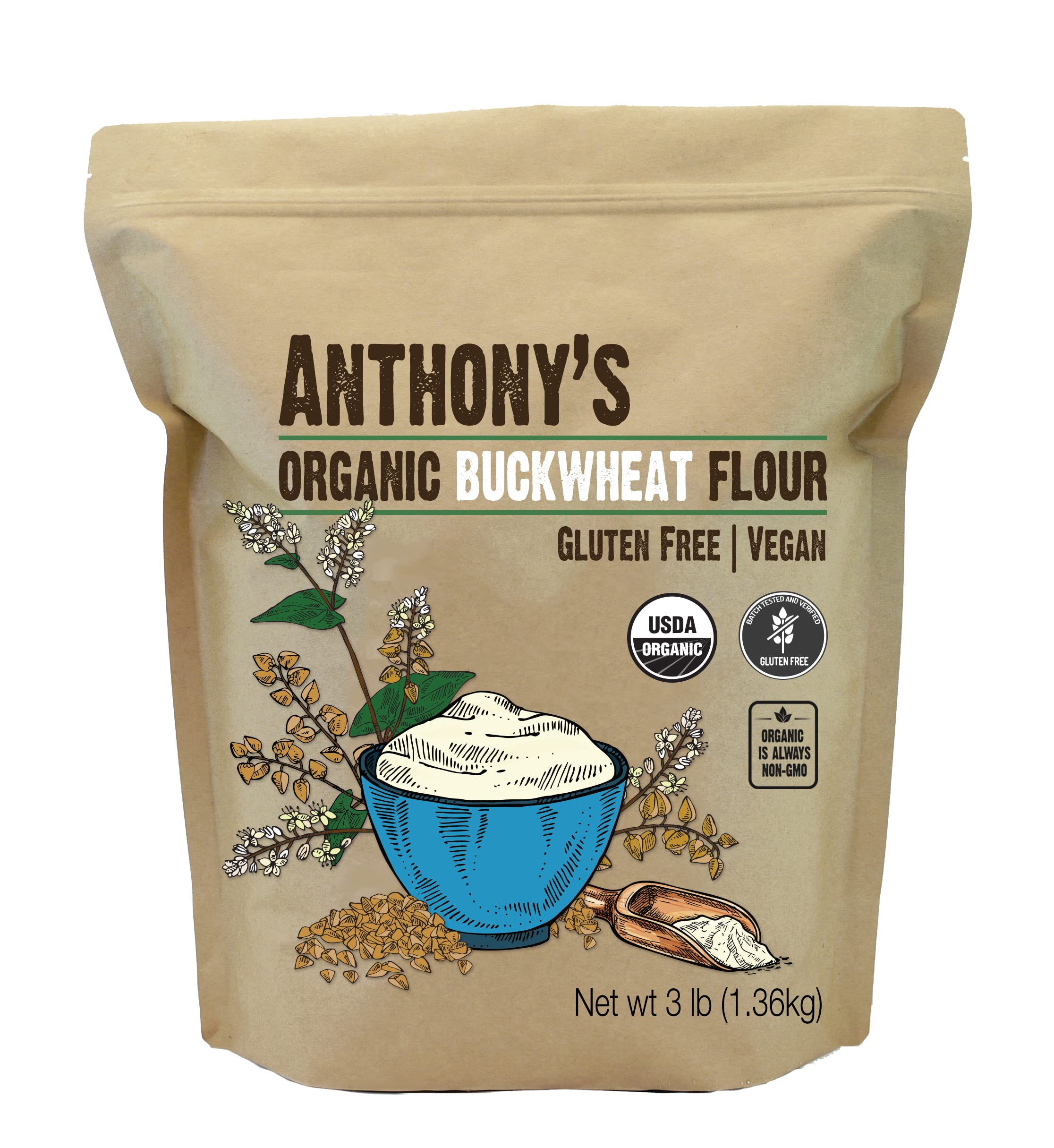 Anthony's Organic Buckwheat Flour, 3 lb, Grown in USA, Gluten Free, Vegan
